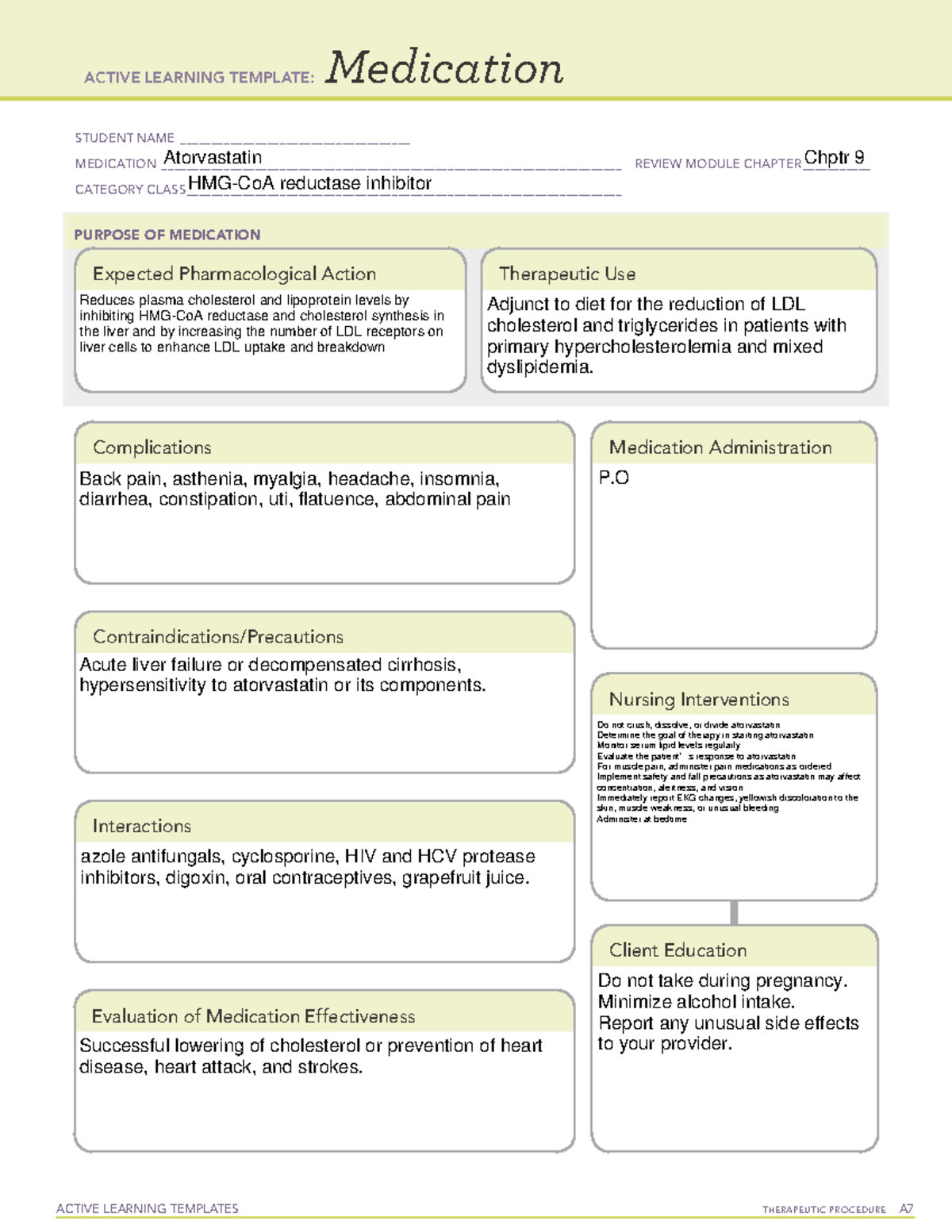 Atorvastatin - Medication Card - ACTIVE LEARNING TEMPLATES TherapeuTic ...