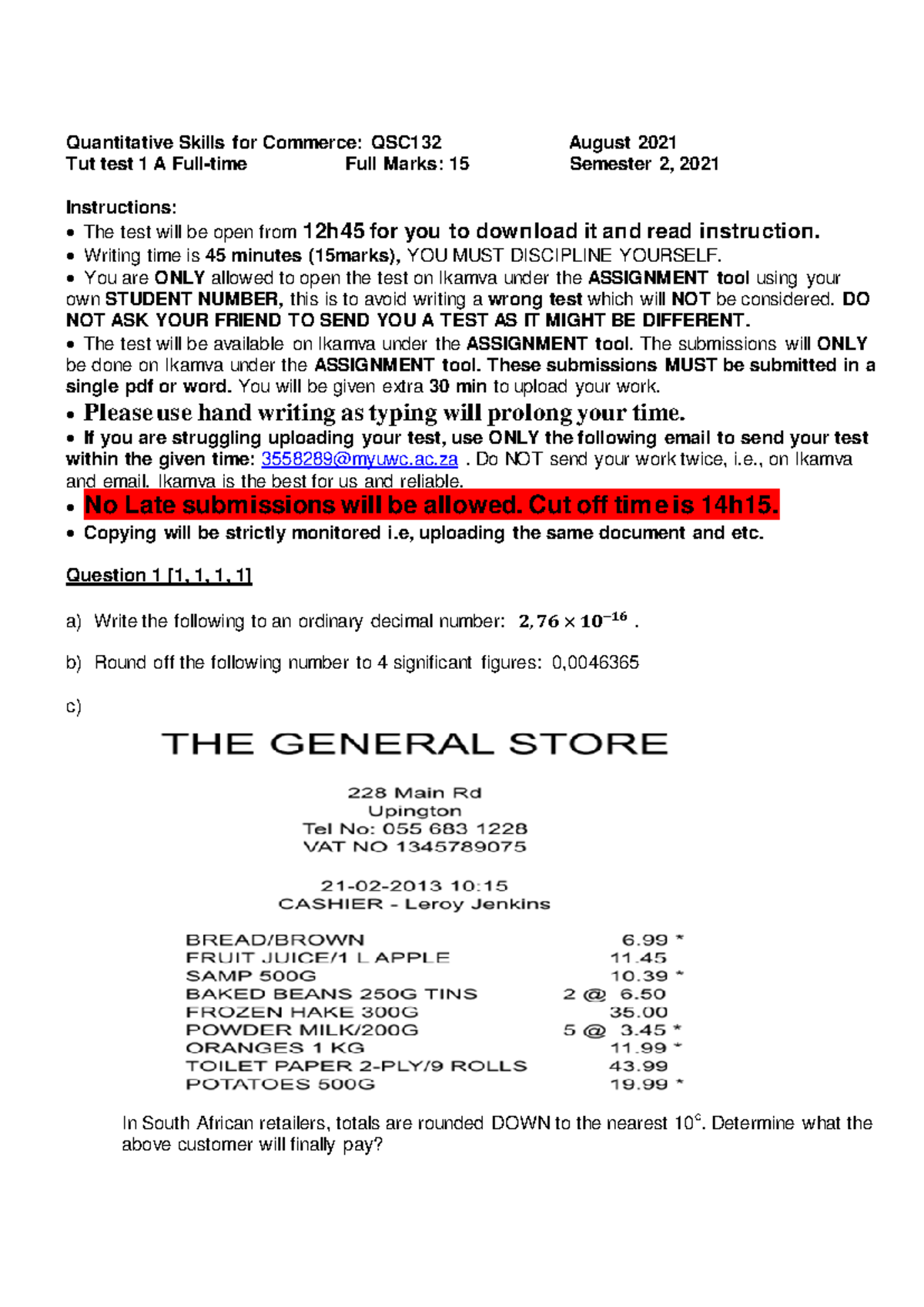 Tut test 1 A - GGG - Quantitative Skills for Commerce: QSC132 August ...