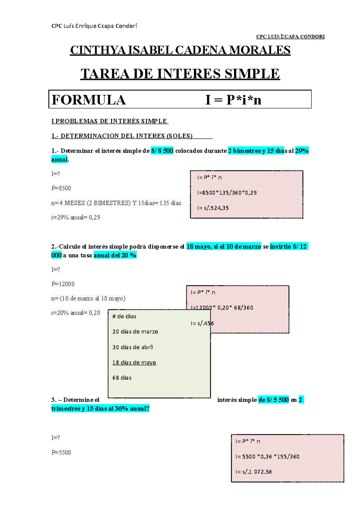 interés simple - CINTHYA ISABEL CADENA MORALES TAREA DE INTERES SIMPLE ...