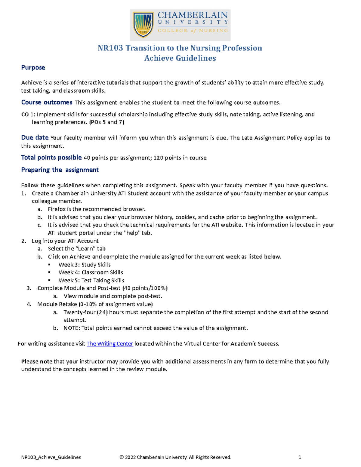 NR103 Achieve Guidelines V1- Final Nov 22 - NR103 Transition to the Nursing Profession Achieve ...