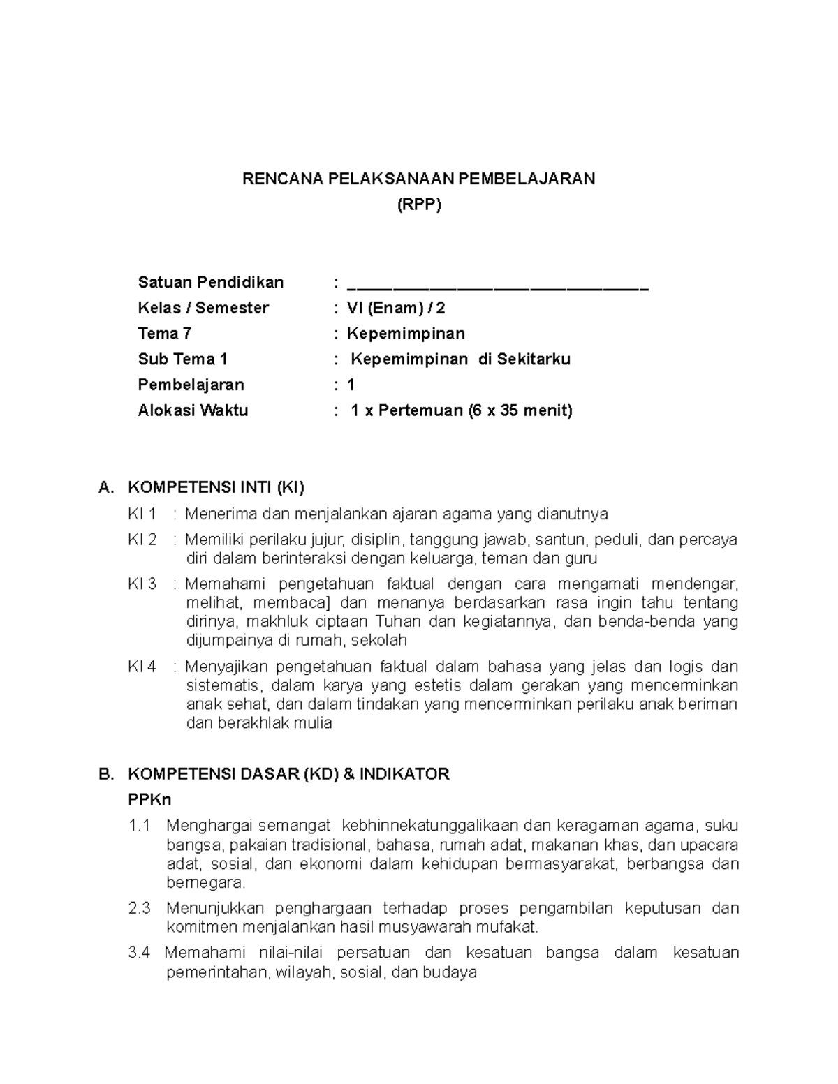 RPP Kelas 6 SD K13 TEMA 7 - RENCANA PELAKSANAAN PEMBELAJARAN (RPP ...