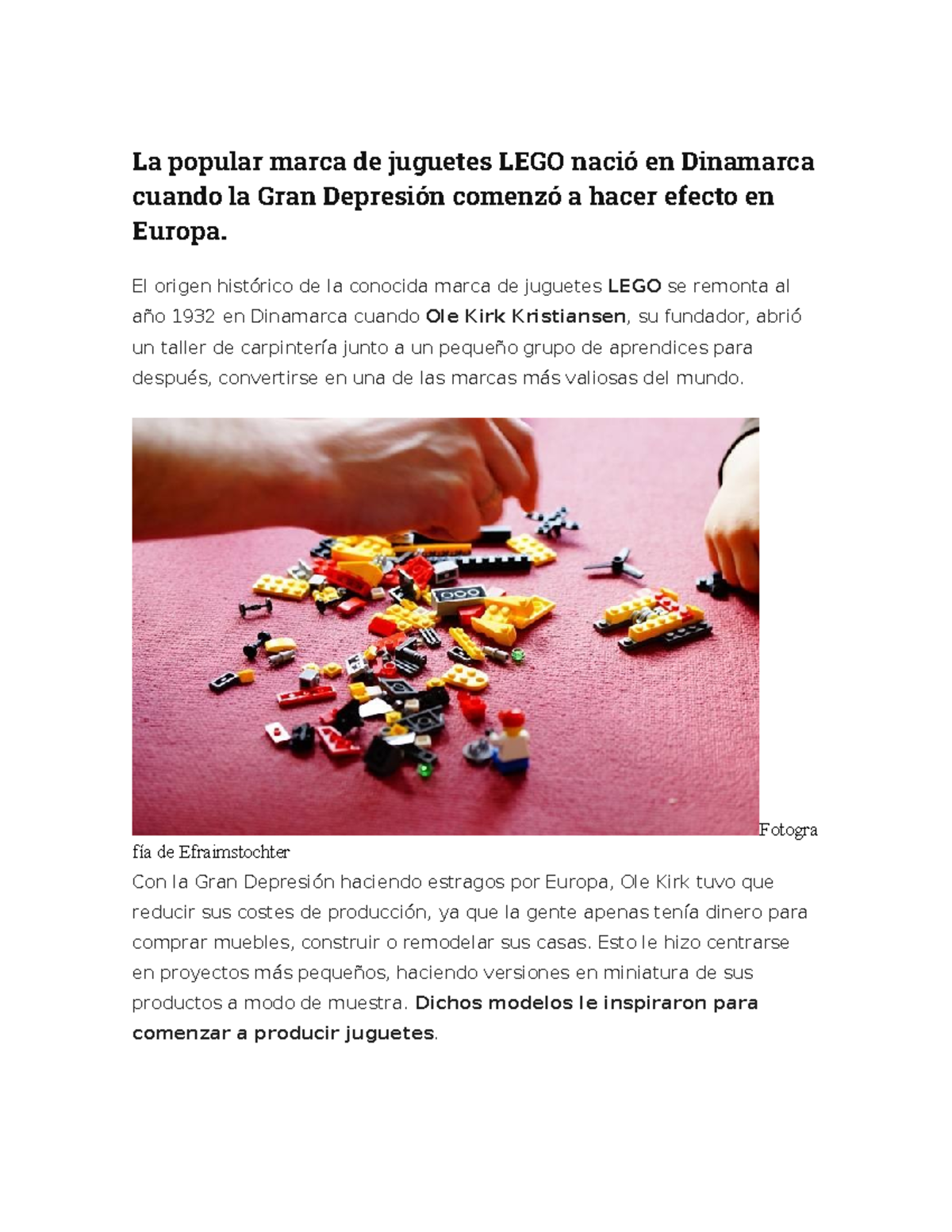 Lectura - Historia de LEGO - La popular marca de juguetes LEGO nació en ...