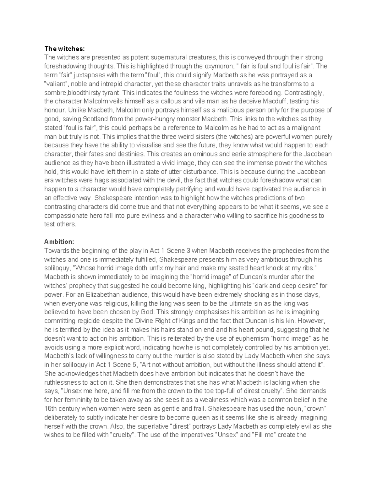 Macbeth & AIC analysis - essay and note - The witches: The witches are ...