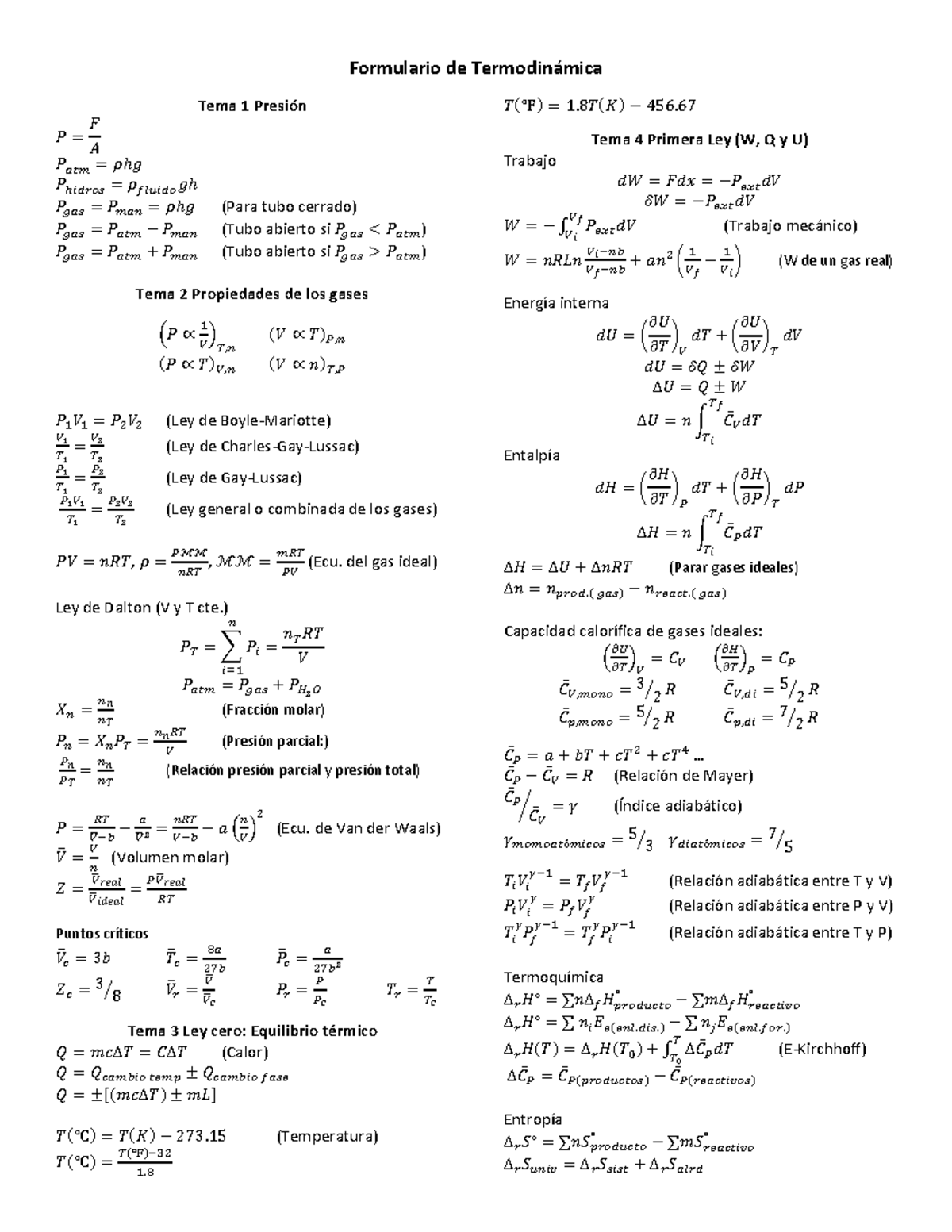 F. Termodinamica - zzz - Formulario de Termodin·mica Tema 1 PresiÛn ÿ ...
