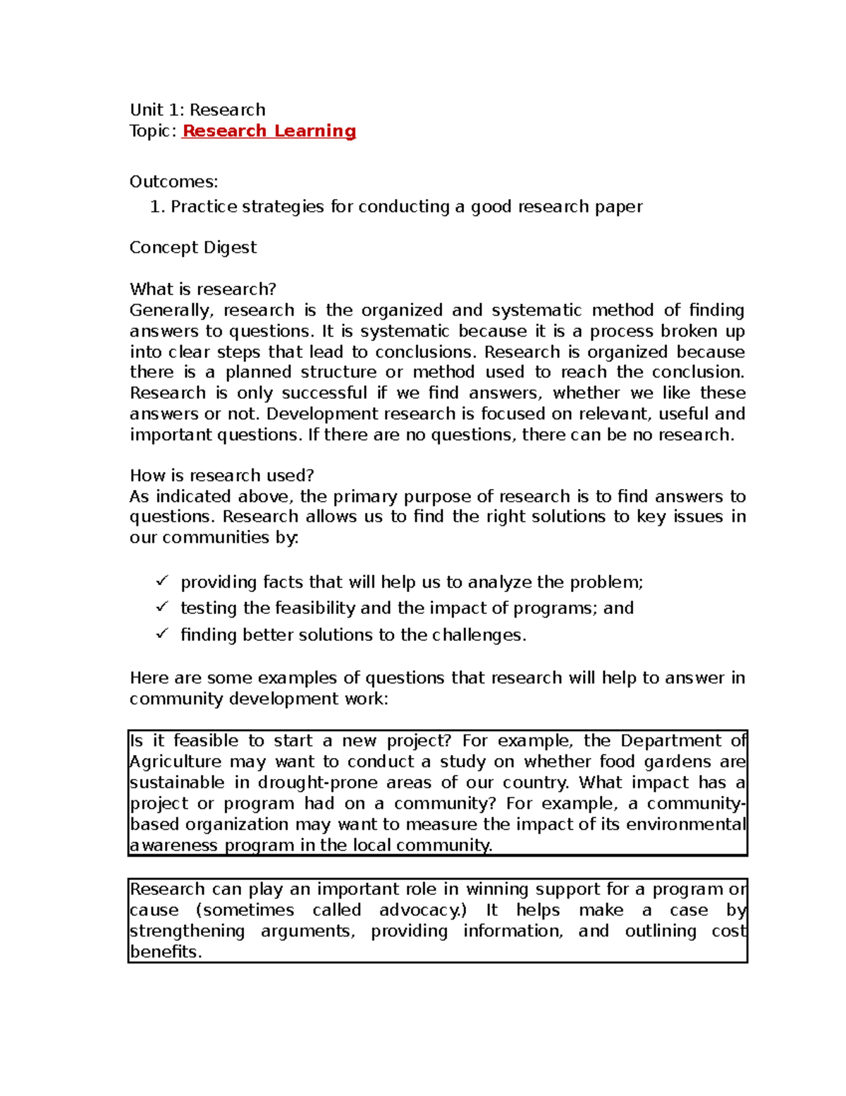 Research Learning - Unit 1: Research Topic: Research Learning Outcomes ...
