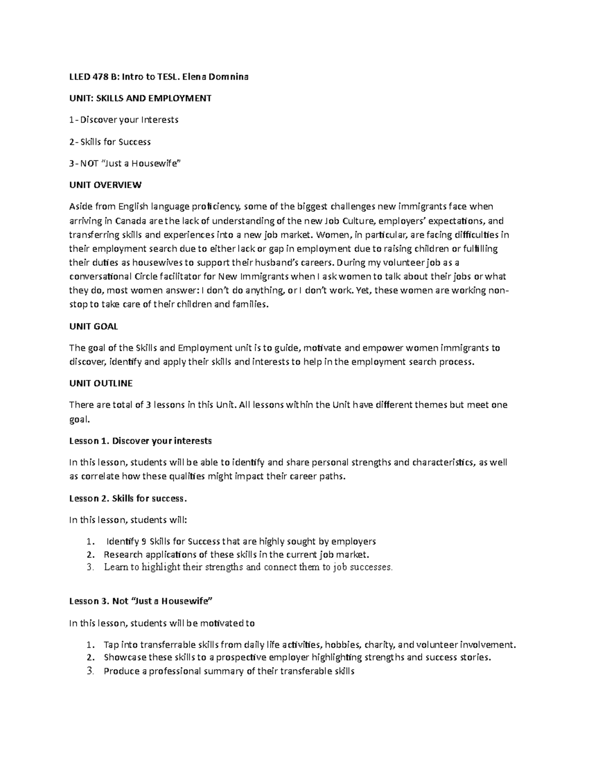 UNIT PLAN - Unit plan overview - LLED 478 B: Intro to TESL. Elena ...