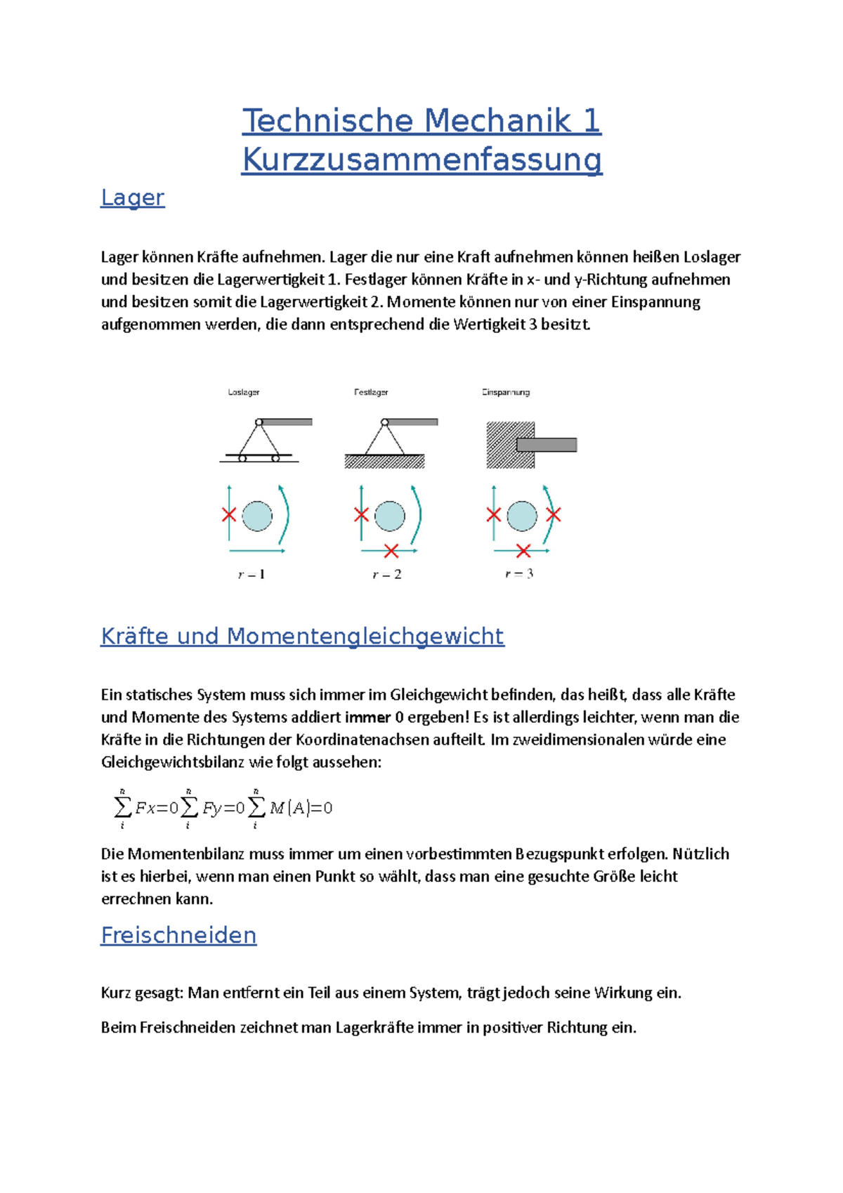 Technische Mechanik 1 Kurzzusammenfassung - Technische Mechanik 1 Kurzzusammenfassung Lager ...