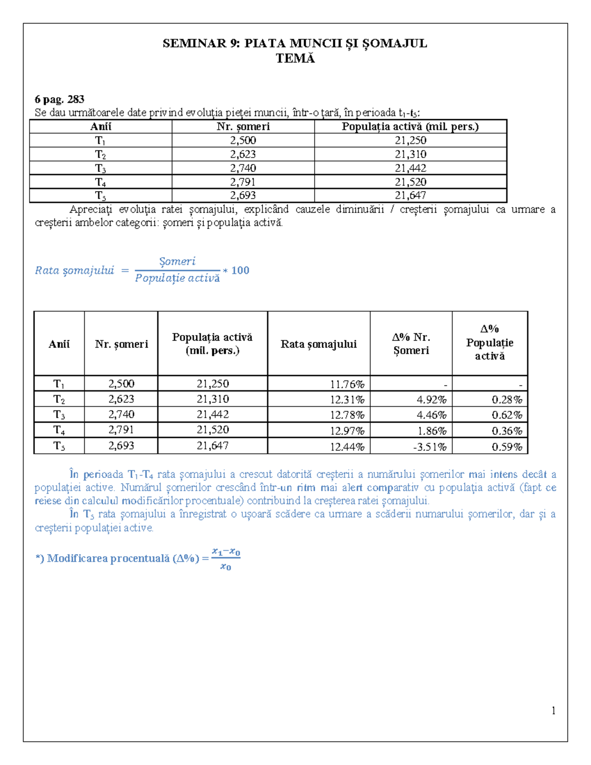 Tema Piata Muncii SI Somajul - SEMINAR 9: PIATA MUNCII ȘI ȘOMAJUL TEMĂ ...