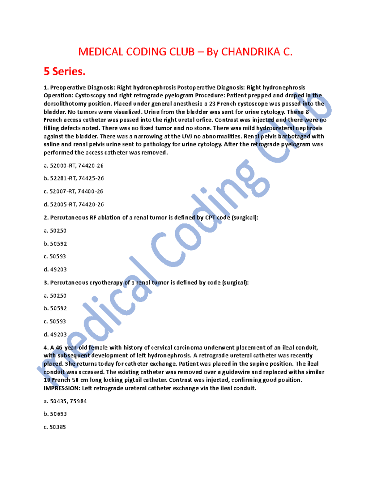 5 series questions - cpt - MEDICAL CODING CLUB – By CHANDRIKA C. 5 ...