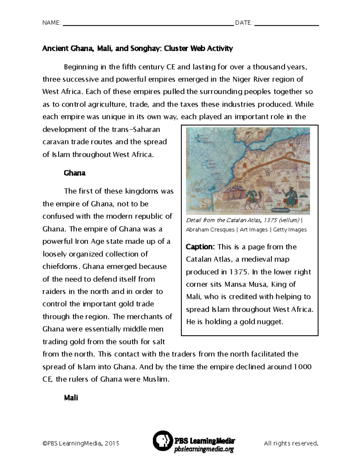 African Empires Cluster Map - NAME: DATE: Ancient Ghana, Mali, and ...