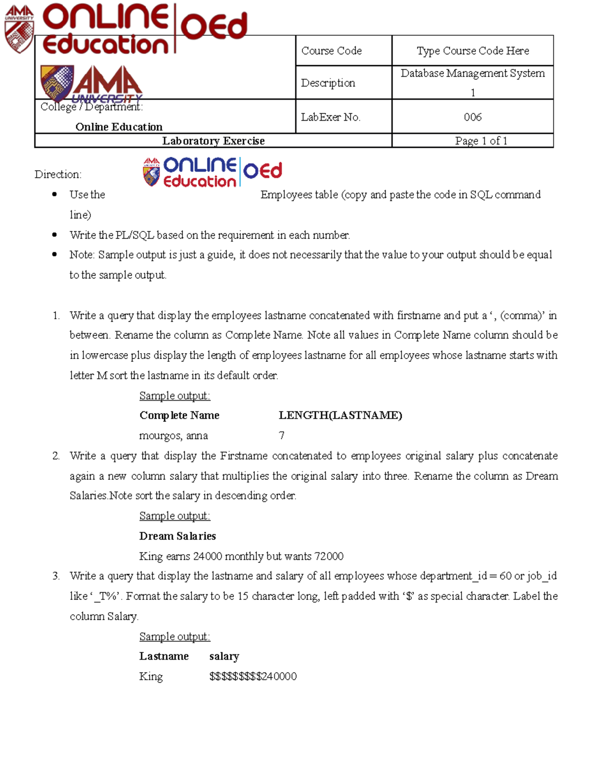 Laboratory Exercise 006 - Course Code Type Course Code Here Description ...