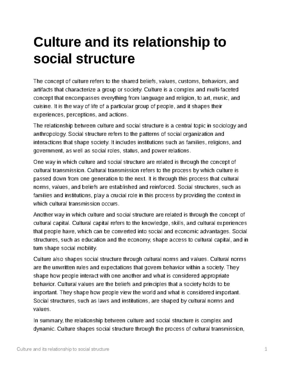 Culture and its relationship to social structure - Culture is a complex ...