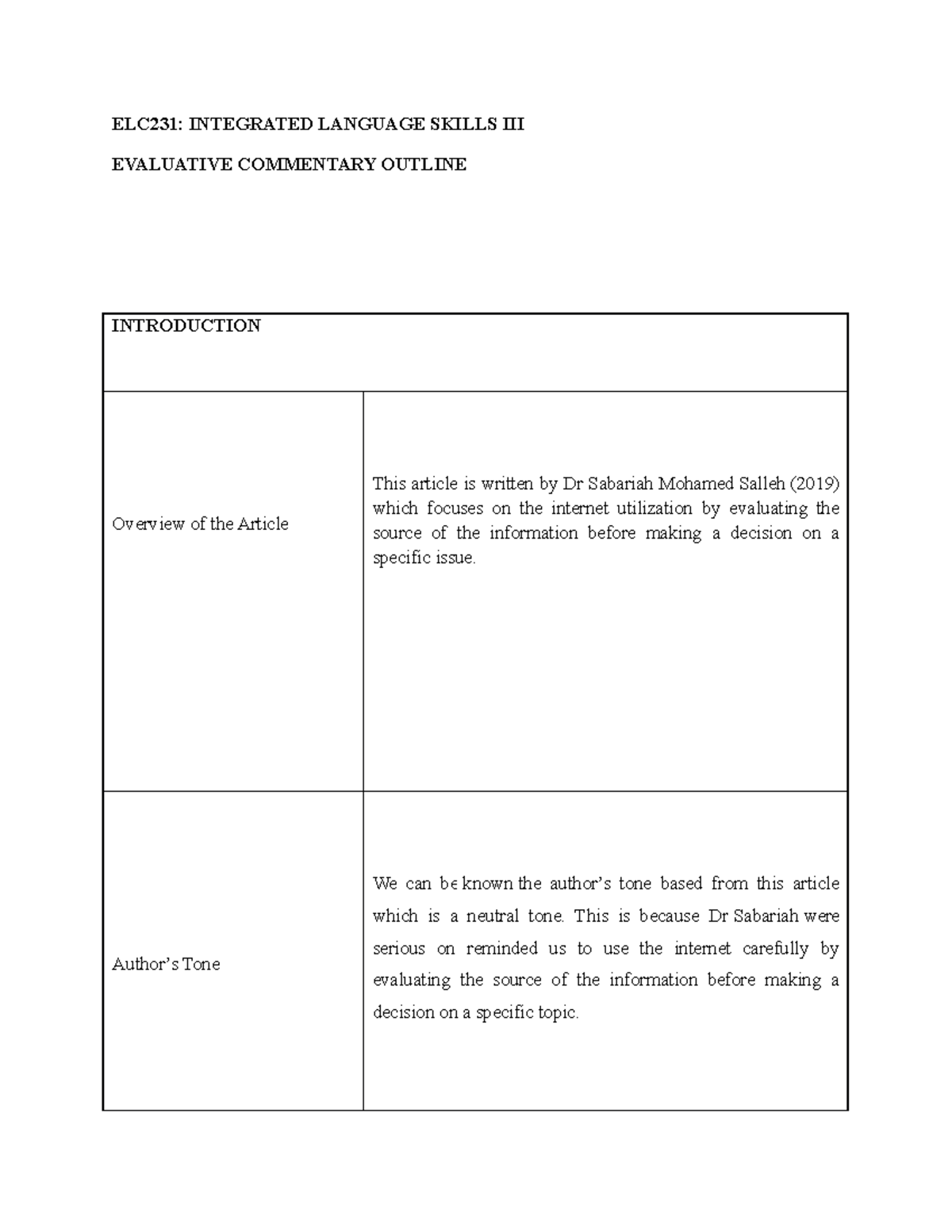 Evaluative Commentary Template elc - ELC231: INTEGRATED LANGUAGE SKILLS III EVALUATIVE ...