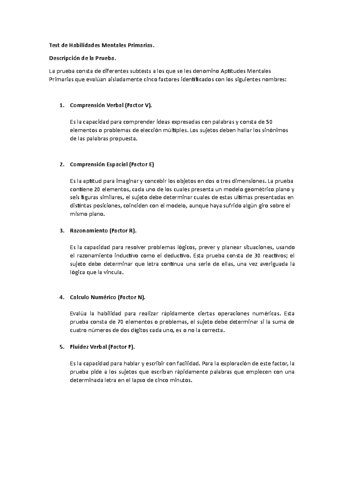 Test de Habilidades Mentales Primarias - Descripción de la Prueba. La ...