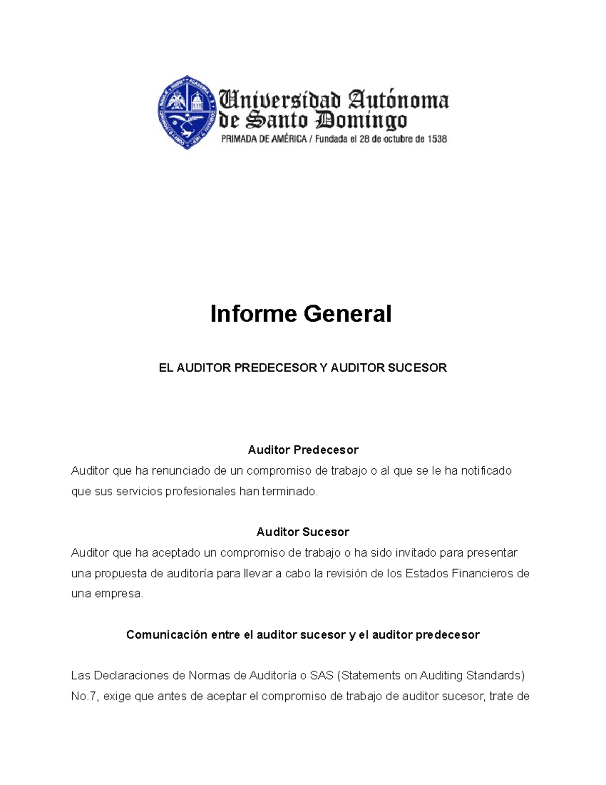 EL Auditor Predecesor Y Auditor Sucesor - Informe General EL AUDITOR ...