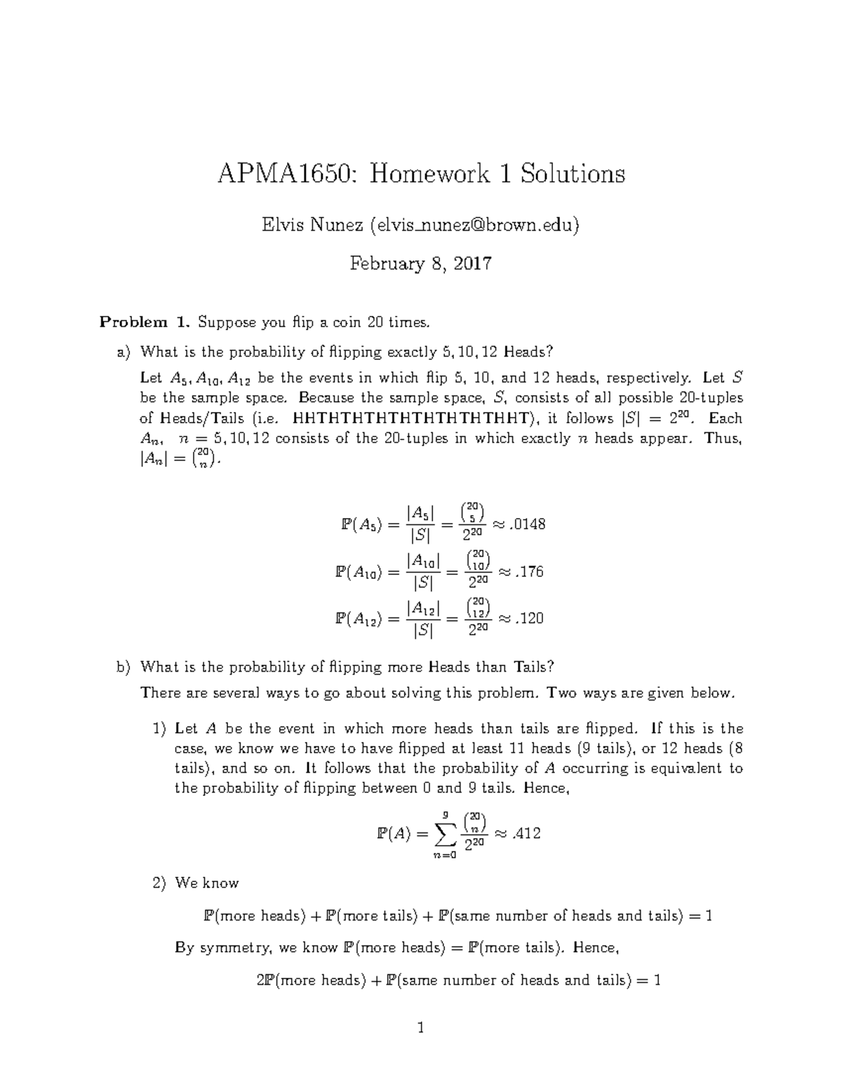 Hw1sol - solution for pset 1 - APMA1650: Homework 1 Solutions Elvis Nunez (elvisnunez@brown ...