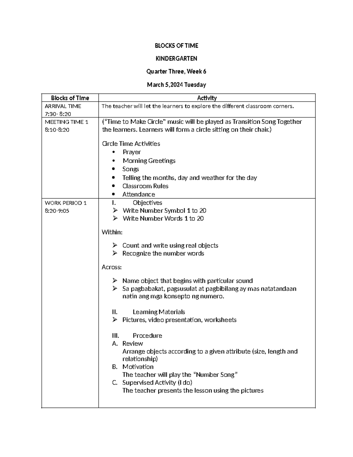 Blocks OF TIME jat 5 tuesday - BLOCKS OF TIME KINDERGARTEN Quarter ...