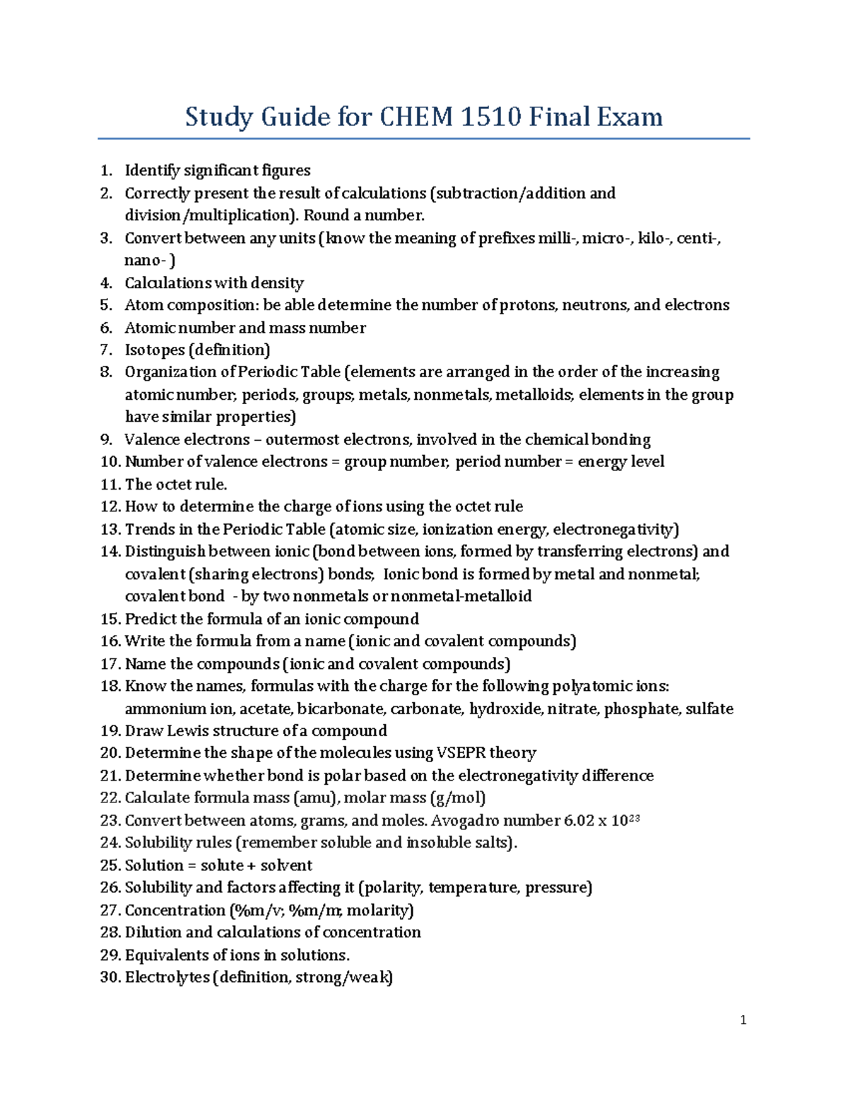 Final exam study guide S23 - Study Guide for CHEM 1510 Final Exam ...