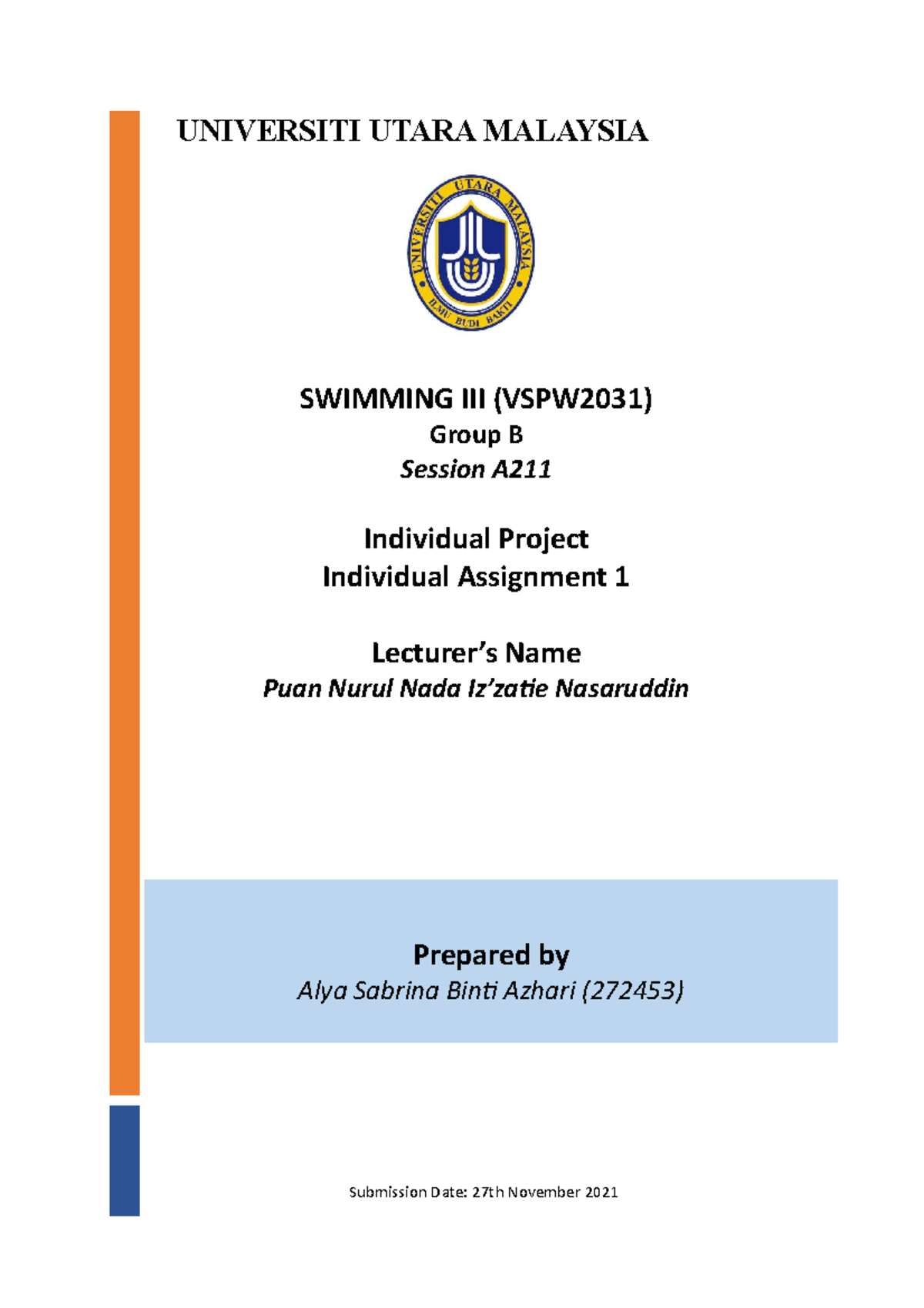 IndivIdual Assignment Swimming Lesson - UNIVERSITI UTARA MALAYSIA ...
