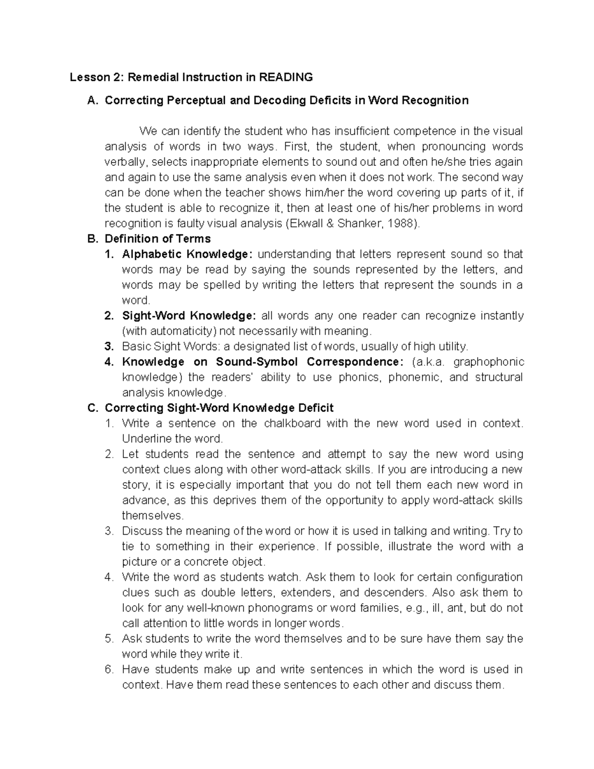 Pdfcoffee - lecture - Lesson 2: Remedial Instruction in READING A. Correcting Perceptual and ...