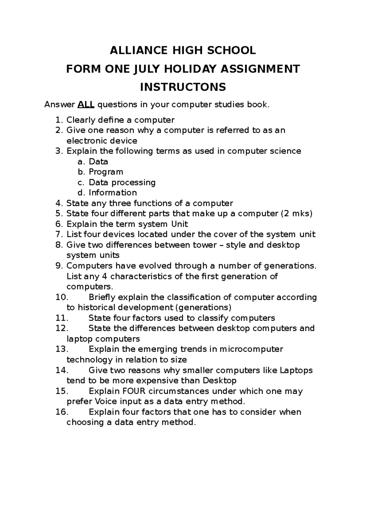 Alliance HIGH School FORM 1 - ALLIANCE HIGH SCHOOL FORM ONE JULY ...
