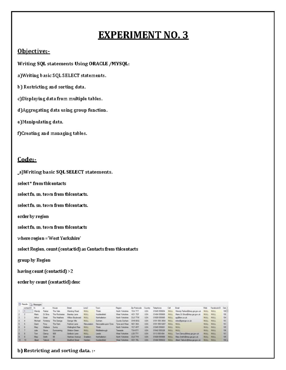 Experiment NO 12 - EXPERIMENT NO. 3 Objective:- Writing SQL statements ...