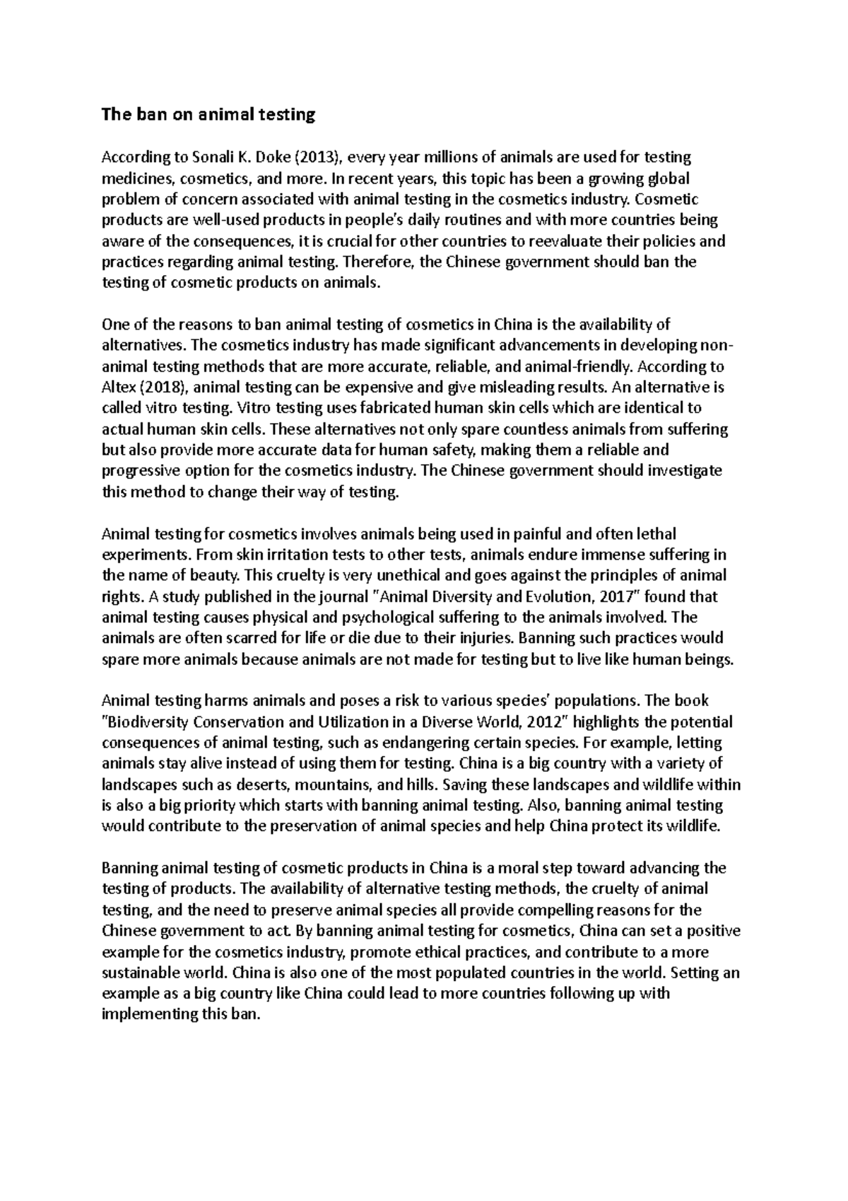 Writing power 2 - Voorbeeld - The ban on animal testing According to ...