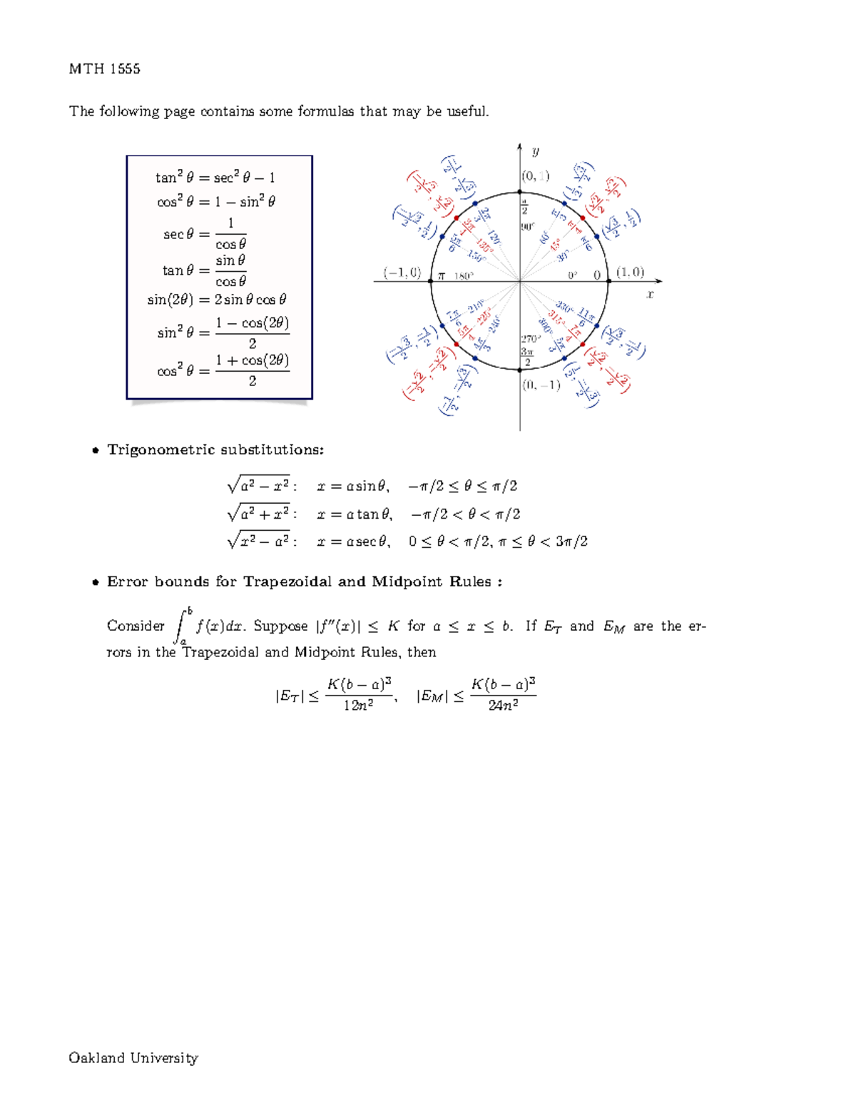 MTH 155 5- Formula Sheet - MTH 1555 The following page contains some ...