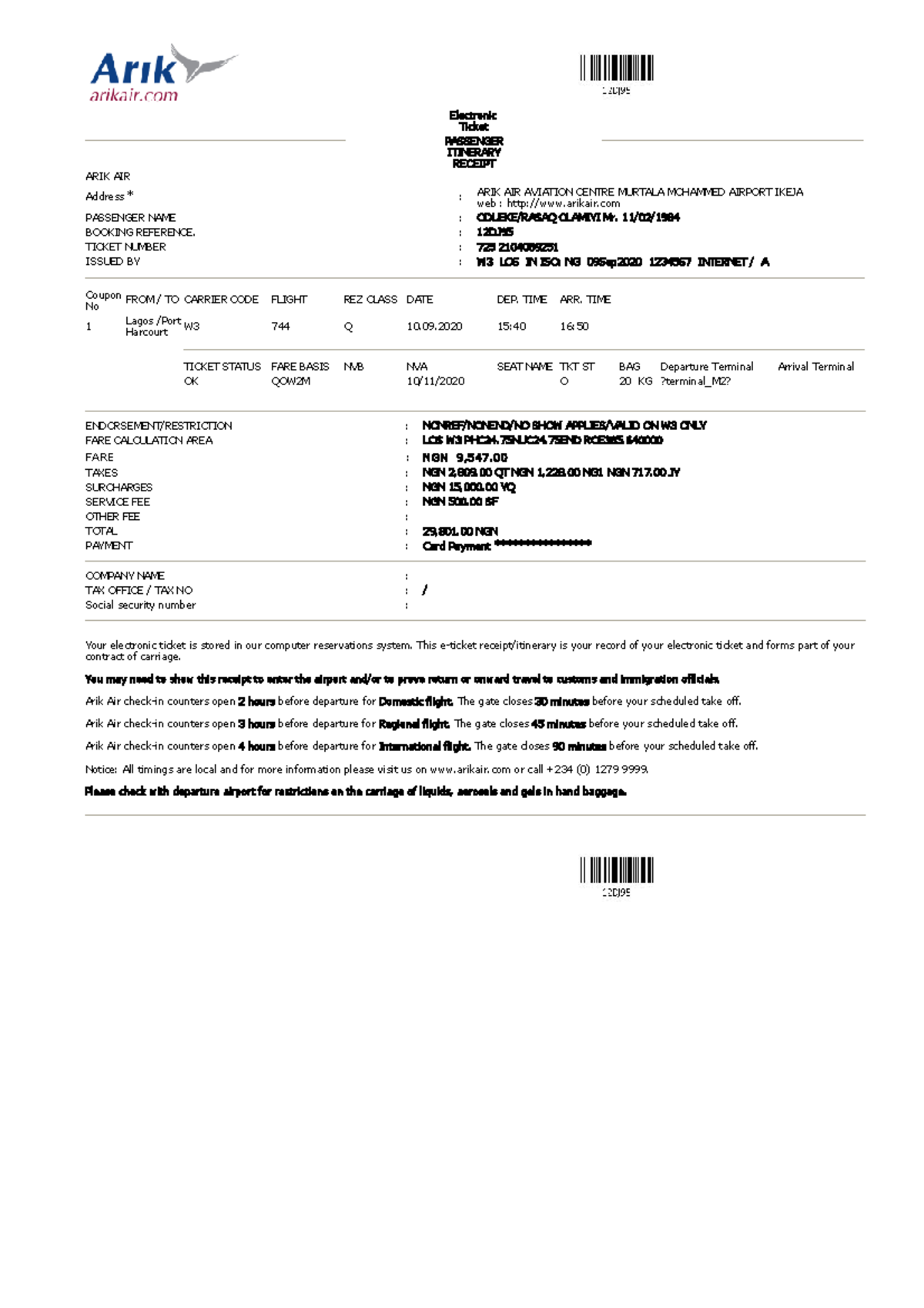 12DJ95 - Average - Electronic Ticket PASSENGER ITINERARY RECEIPT ARIK AIR Address * : - Studocu