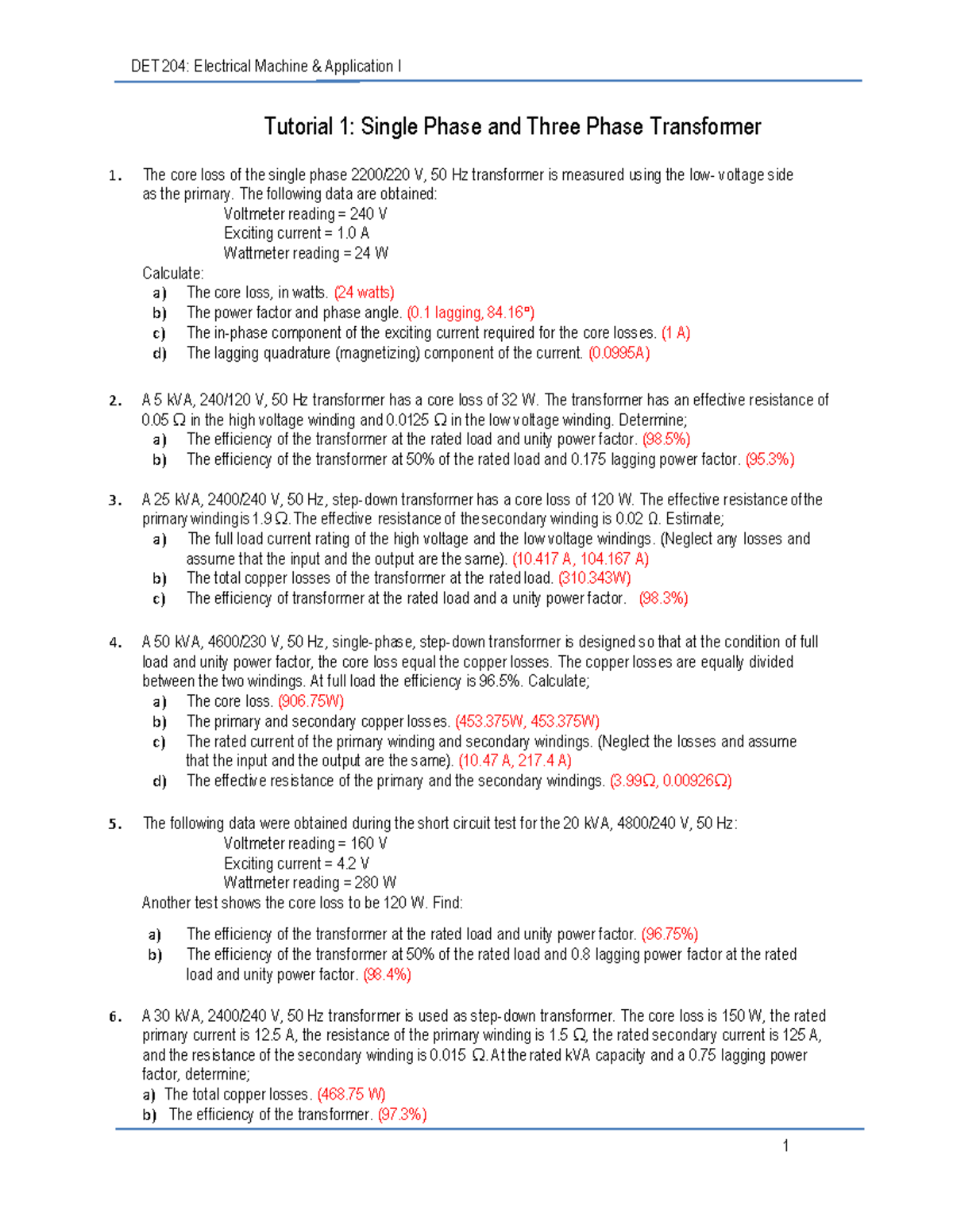 DET204 2020-S1 Tutorial 1 & 2 - 1 DET 204: Electrical Machine ...