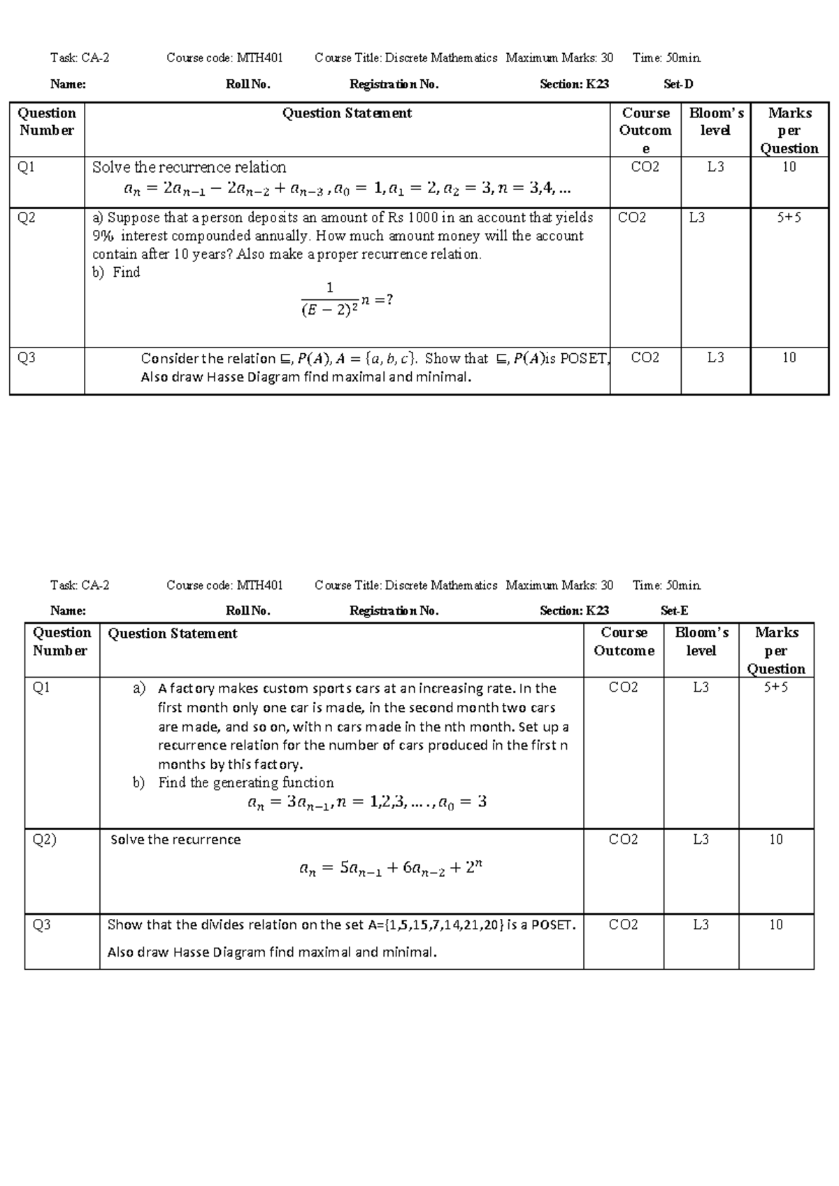 Set2 - bi xifiiugrqr - Task: CA- 2 Course code: MTH 401 Course Title: Discrete Mathematics ...