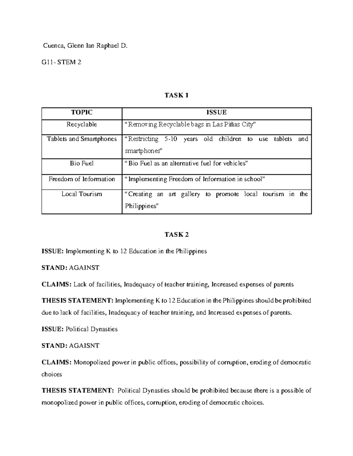 Pdfcoffee - .... - Cuenca, Glenn Ian Raphael D. G11- STEM 2 TASK 1 TOPIC ISSUE Recyclable ...