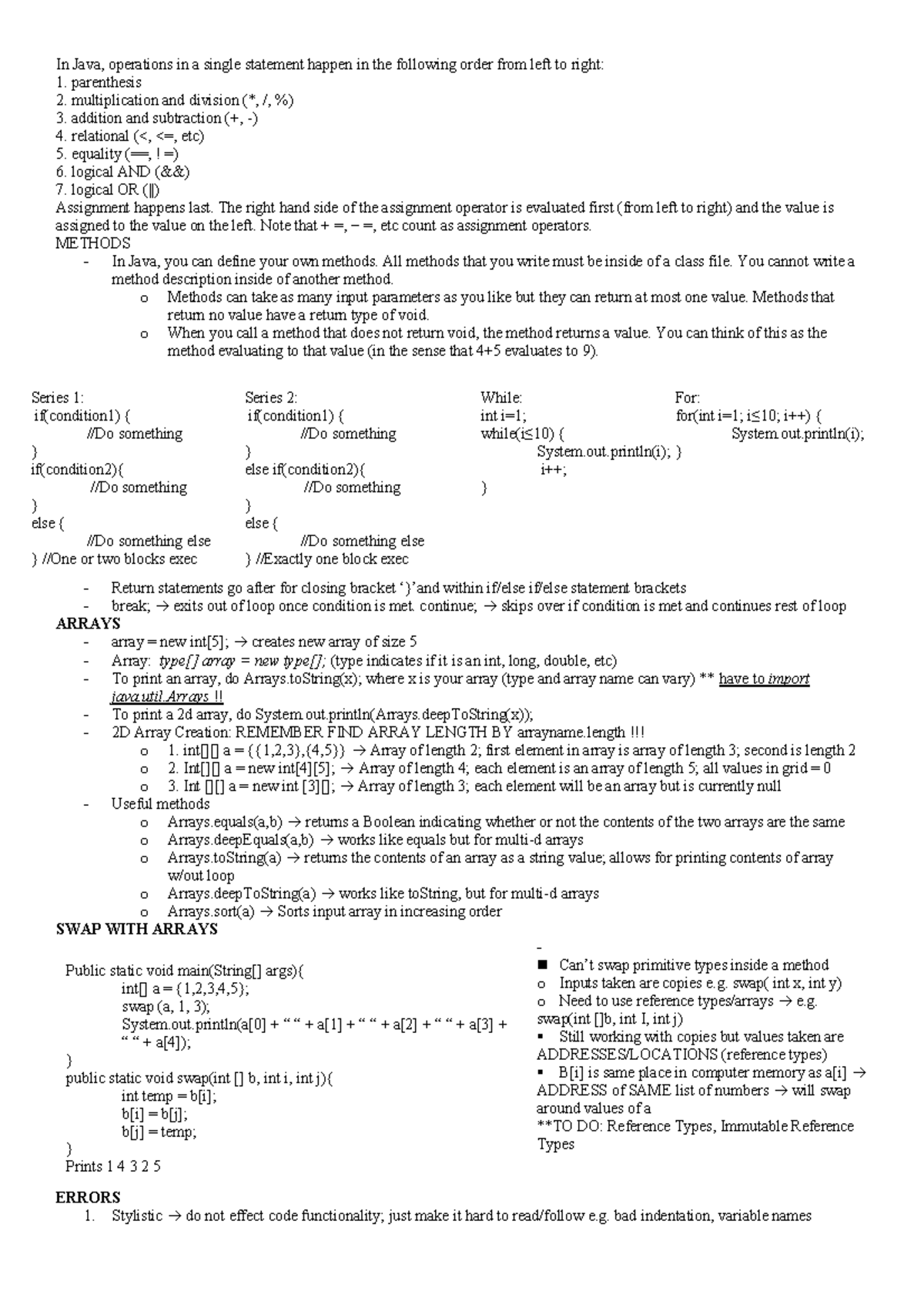 COMP202 Cheatsheet - In Java, operations in a single statement happen ...