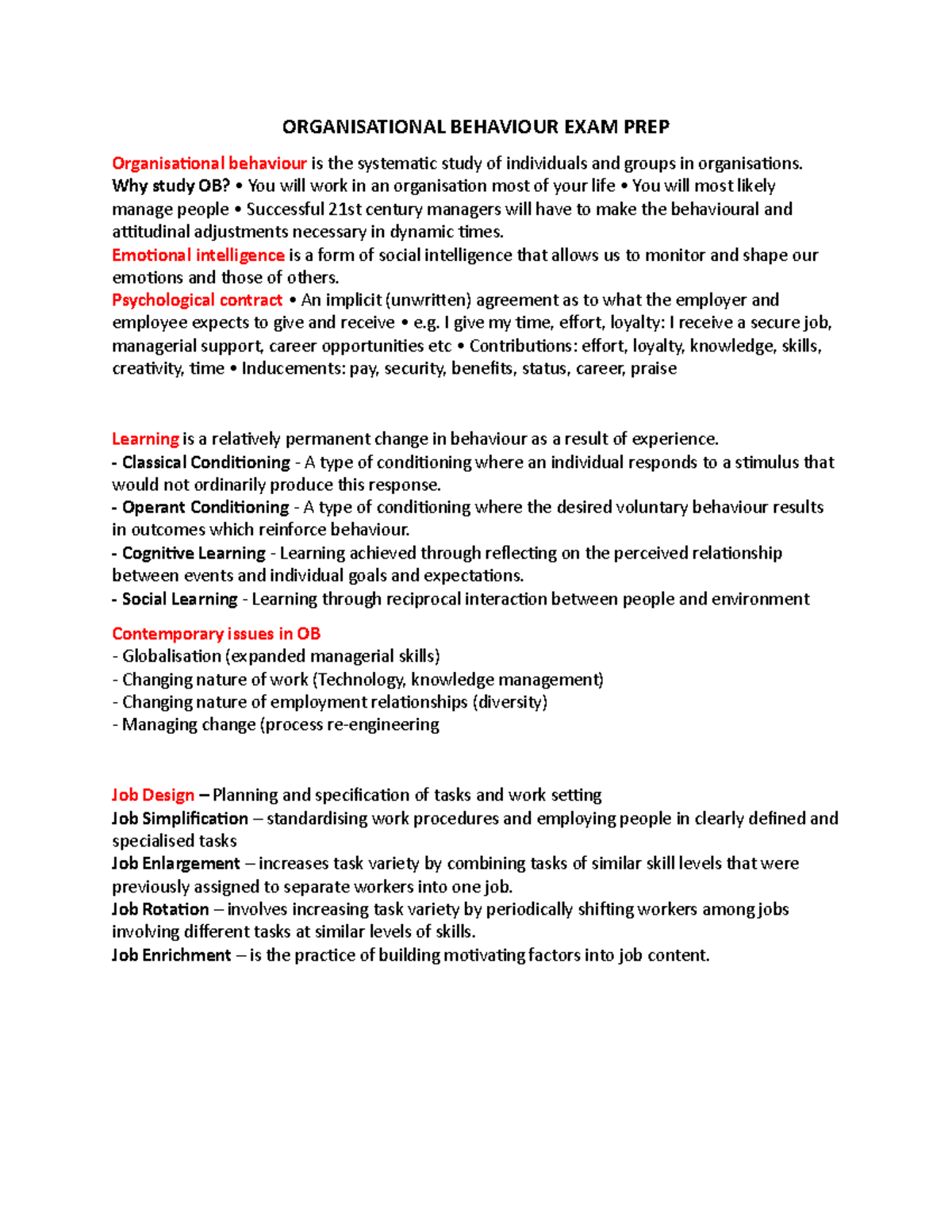 Organisational Behaviour EXAM PREP - ORGANISATIONAL BEHAVIOUR EXAM PREP ...