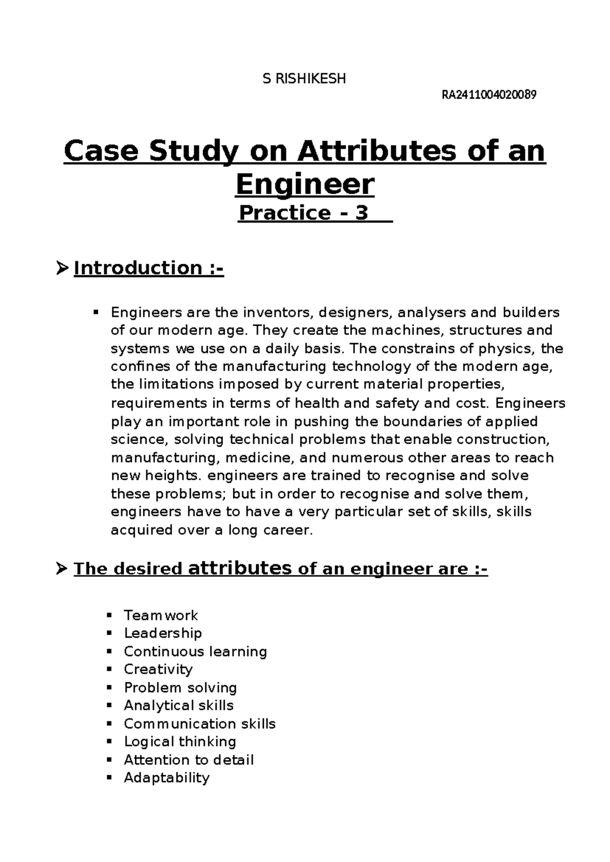 Philosophy of engineering document - S RISHIKESH RA Case Study on ...