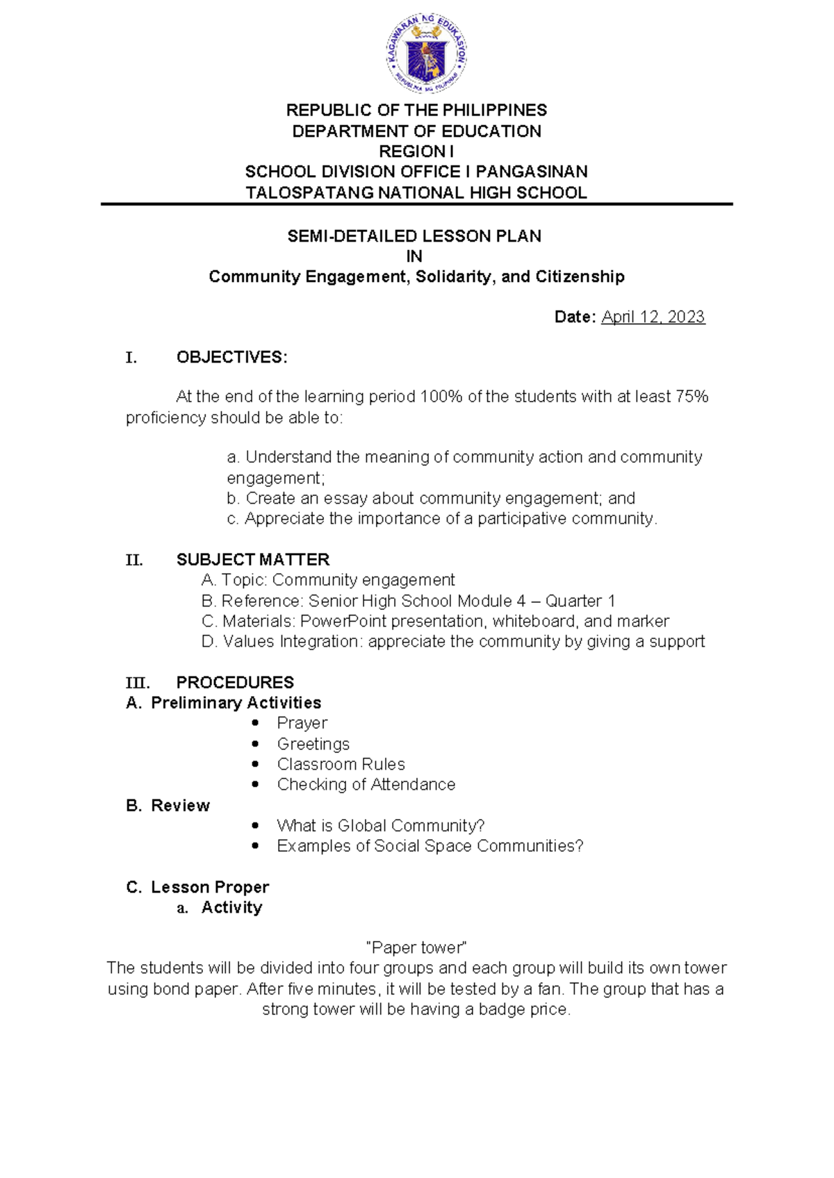 LP-Community action - asdasda - REPUBLIC OF THE PHILIPPINES DEPARTMENT ...