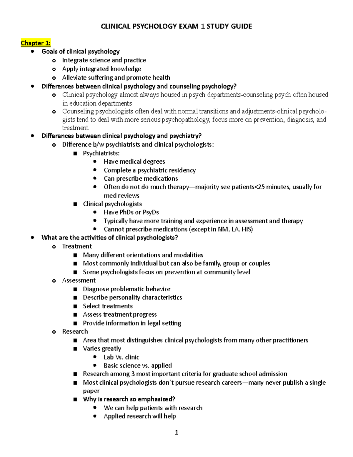 Exam 1 Psybeh 150c midterm Study Guide - CLINICAL PSYCHOLOGY EXAM 1 ...