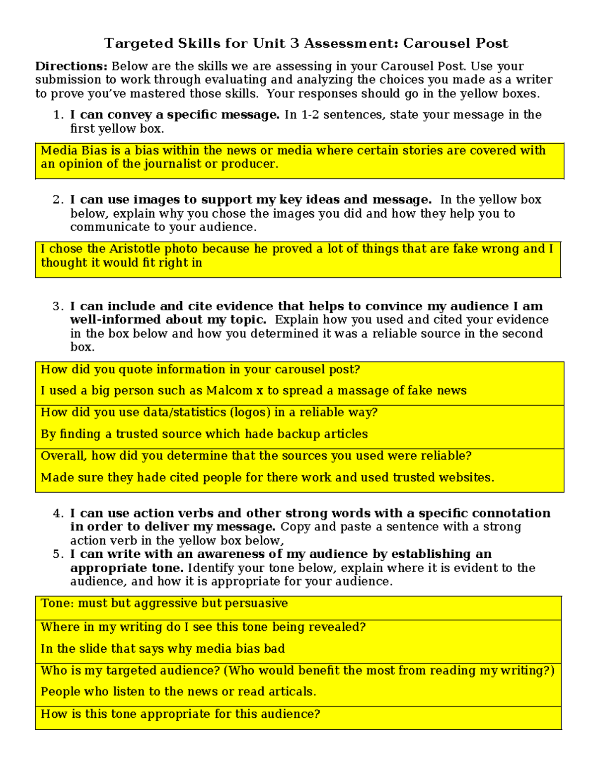 Unit 3 Assessment carousel evaluation - Targeted Skills for Unit 3 ...