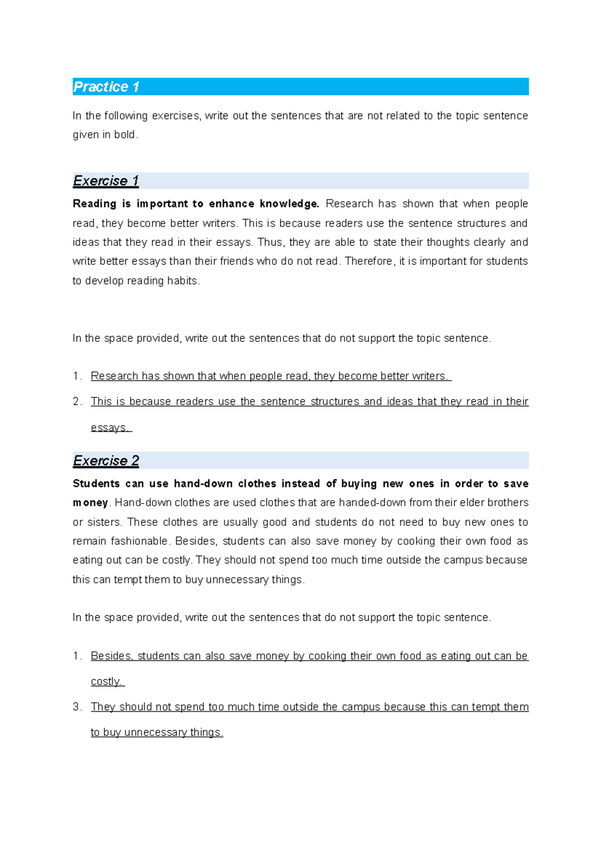 ELC151 Integrated Language Skills II Exercise Topic Sentence - Practice ...