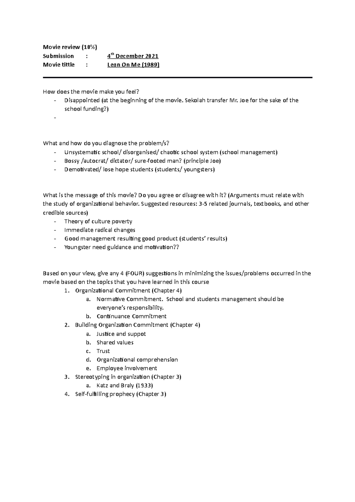 Movie review assignment (ADM501) - Movie review (10%) Submission : 4 th ...