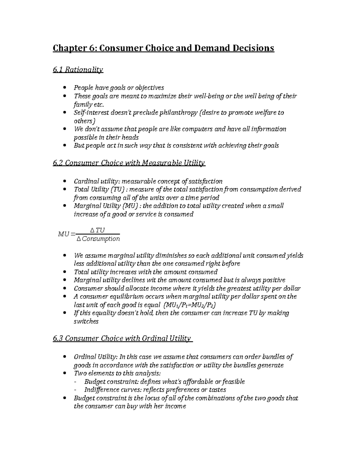 Final notes - Chapter 6: Consumer Choice and Demand Decisions 6 ...