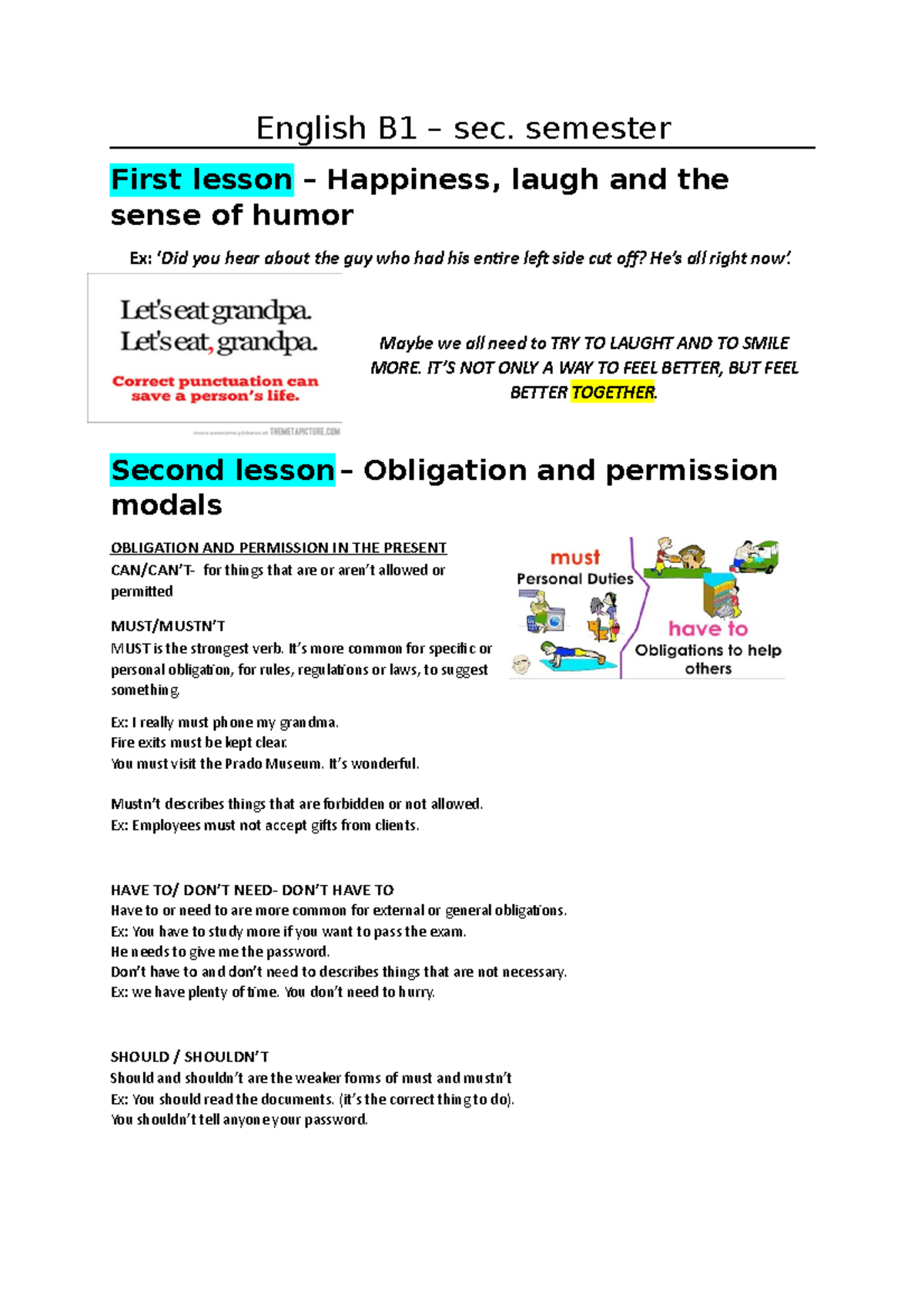 English B1- všechny lekce - English B1 – sec. semester First lesson ...