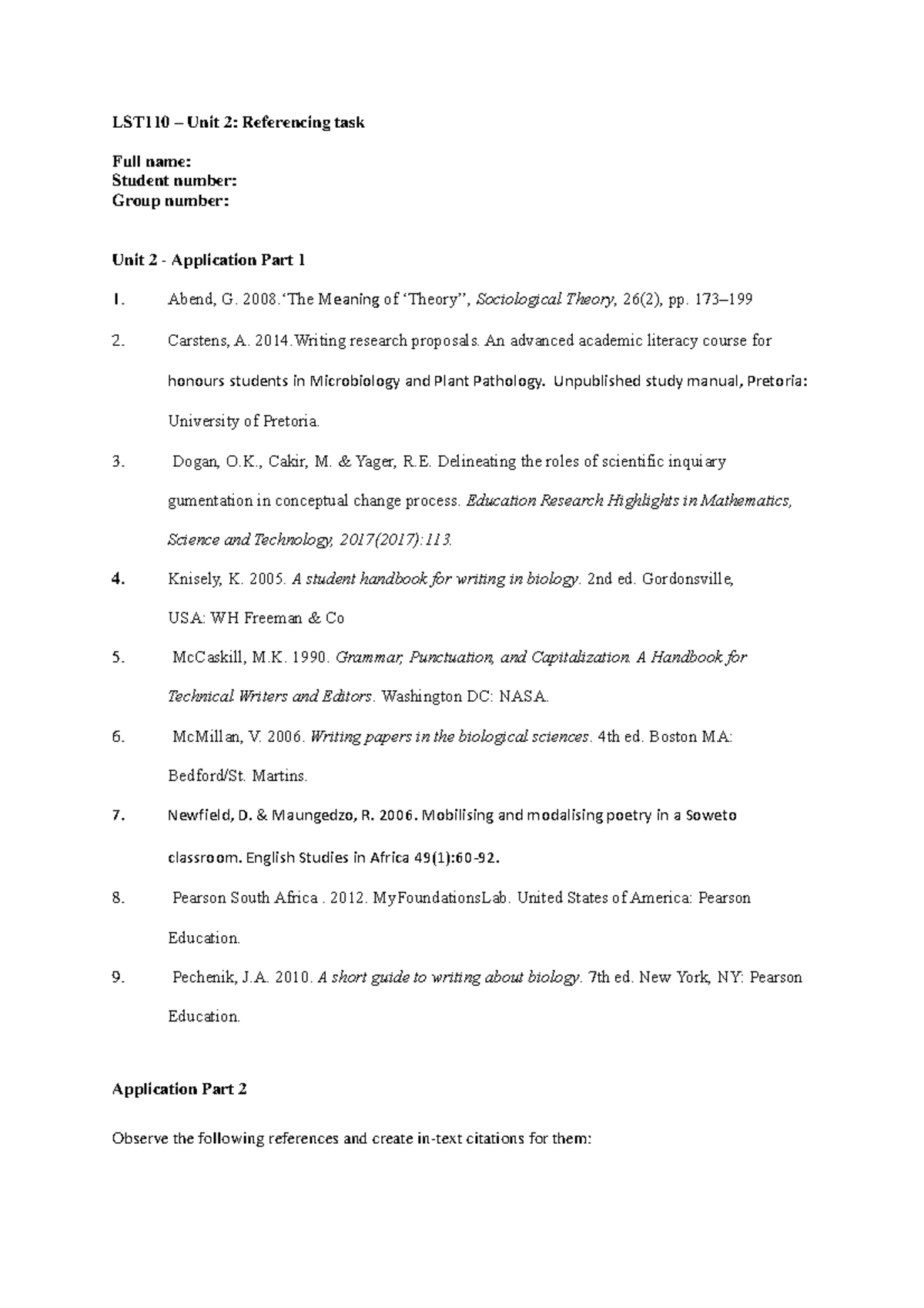 LST 110 - Unit 2 Referencing task - LST110 – Unit 2: Referencing task ...
