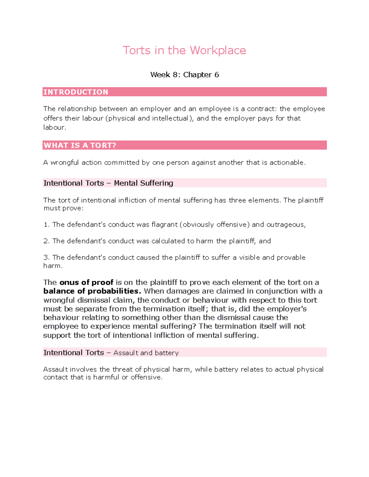 Employment Law Notes Test 2 - Torts in the Workplace Week 8: Chapter 6 ...