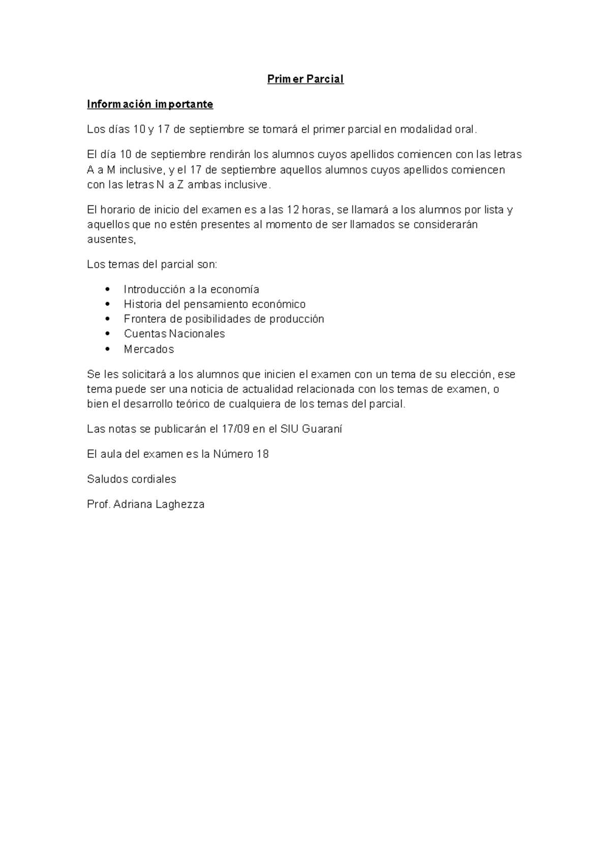 Información primer parcial - Primer Parcial Información importante Los días 10 y 17 de ...