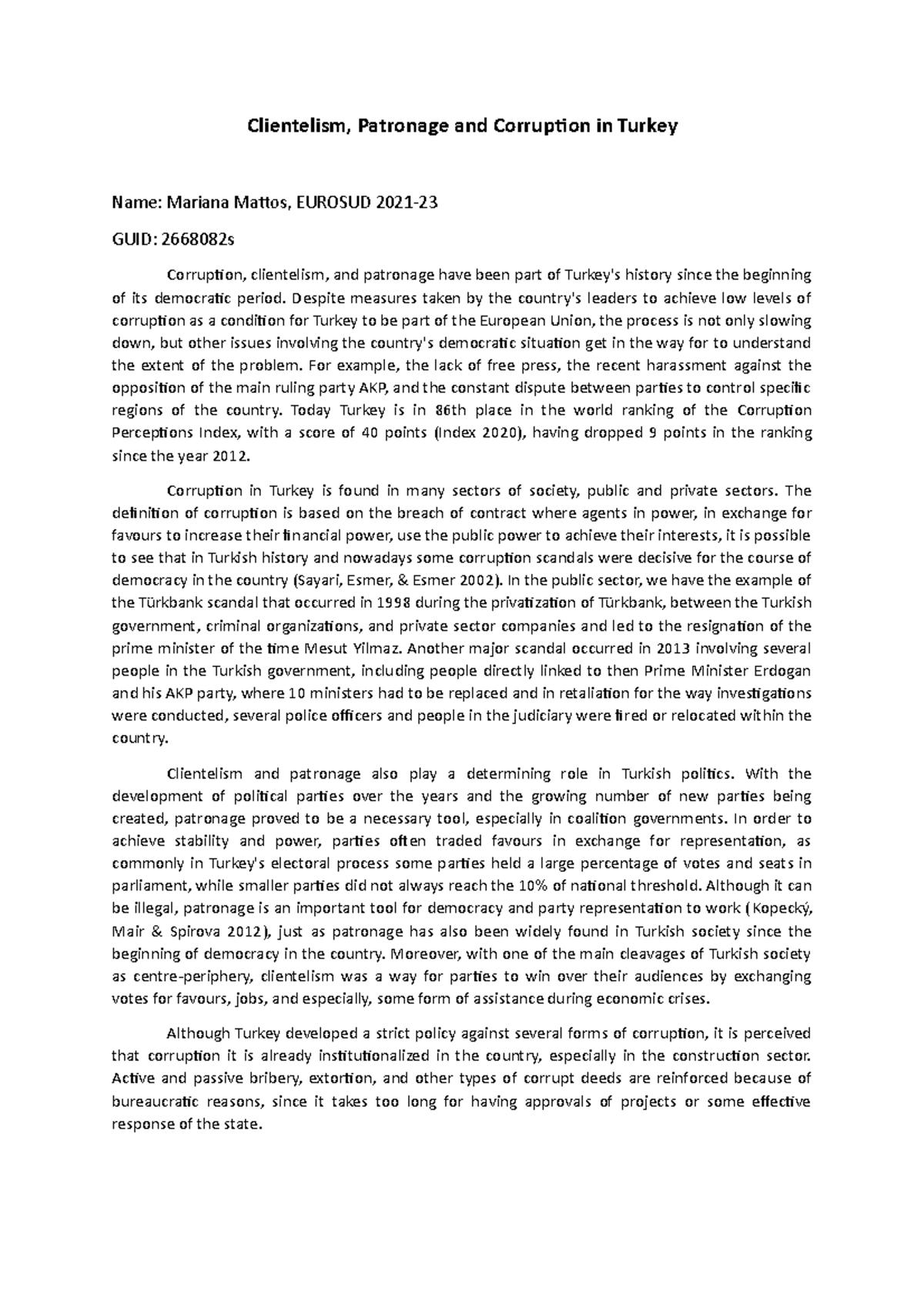 Clientelism, patronage and corruption Turkey - Studocu