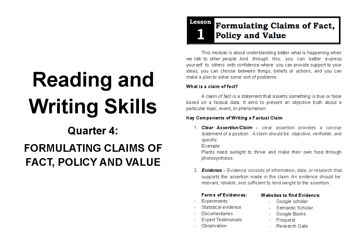 Reading and Writing Module - Reading and Writing Skills Quarter 4 ...