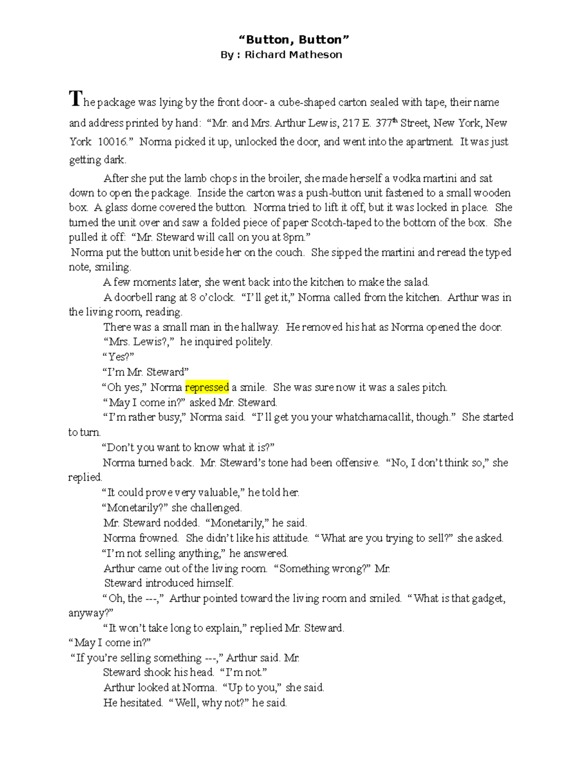 Button Button Story And Questions - “Button, Button” By : Richard ...