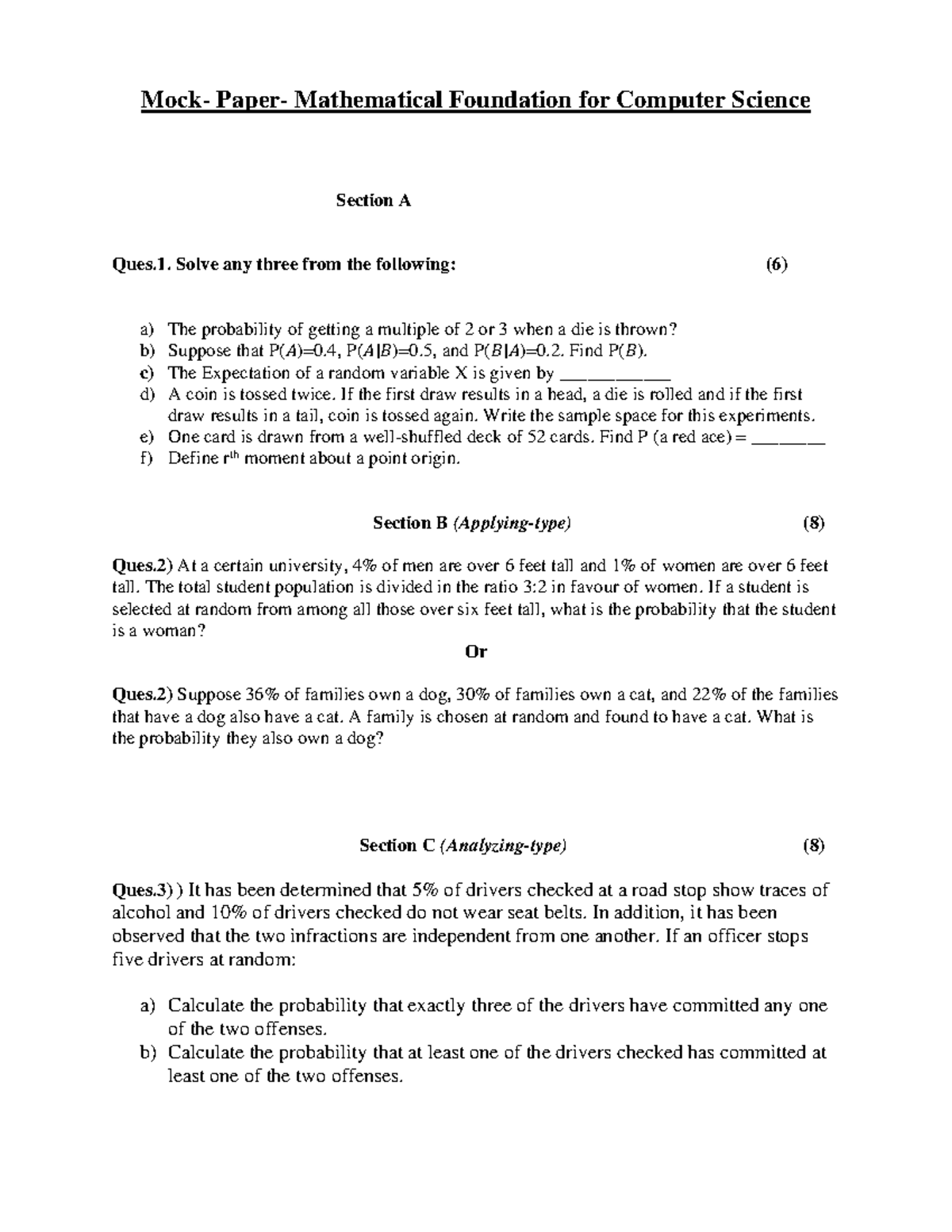 Mock Paper-BCA107 - Maths mock paper - Mock- Paper- Mathematical ...