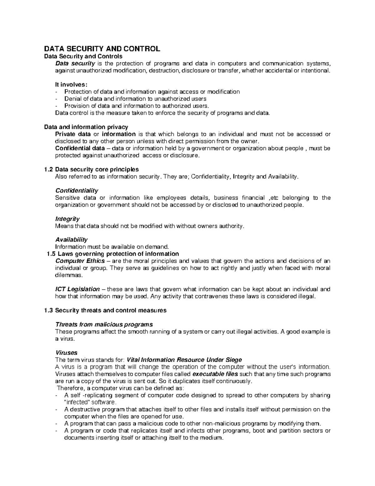 DATA Security AND Control - DATA SECURITY AND CONTROL Data Security and Controls Data security ...